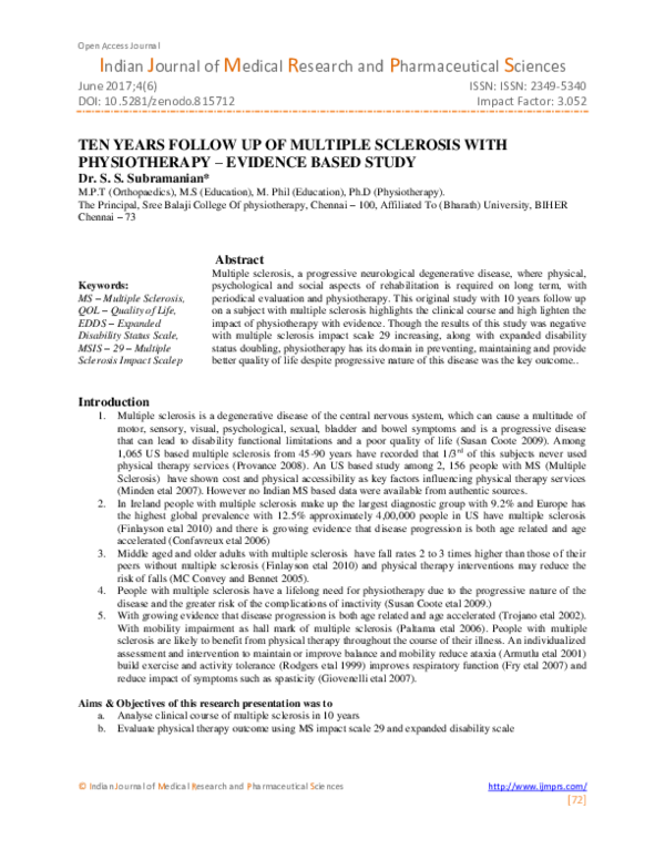 (PDF) TEN YEARS FOLLOW UP OF MULTIPLE SCLEROSIS WITH PHYSIOTHERAPY ...