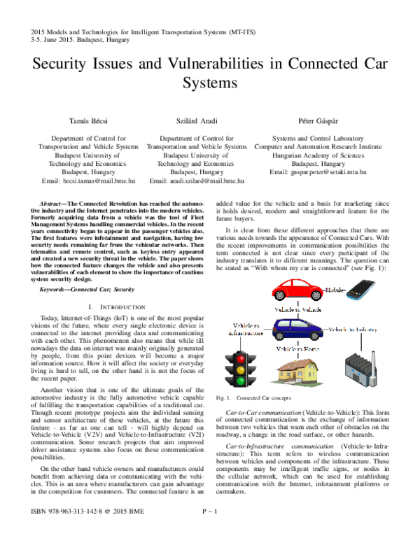(PDF) Security Issues and Vulnerabilities in Connected Car Systems