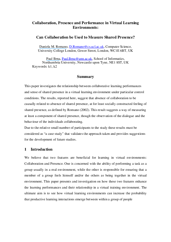 (PDF) The notion of presence in virtual learning environments: what makes the environment "real ...