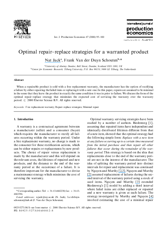 (PDF) Optimal repair–replace strategies for a warranted product