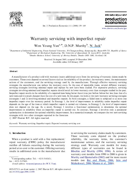(PDF) Warranty servicing with imperfect repair