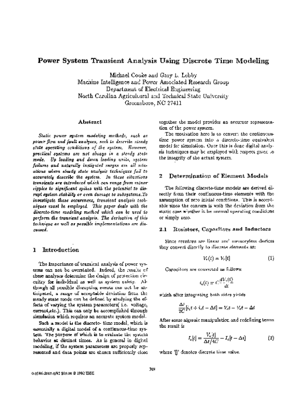 (PDF) Power System Transient Analysis Using Discrete Time Modeling
