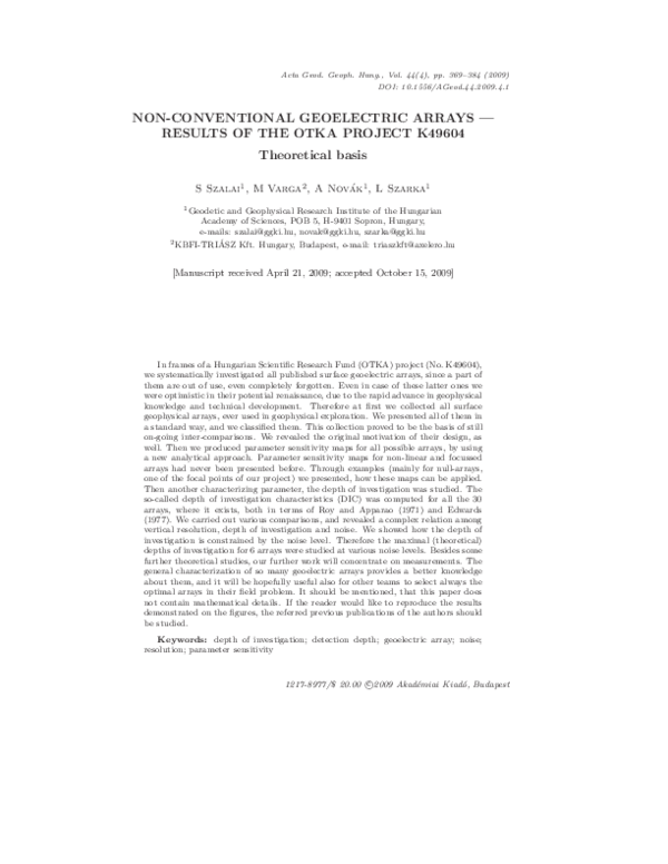 (PDF) NON-CONVENTIONAL GEOELECTRIC ARRAYS — RESULTS OF THE OTKA PROJECT K49604 Theoretical basis