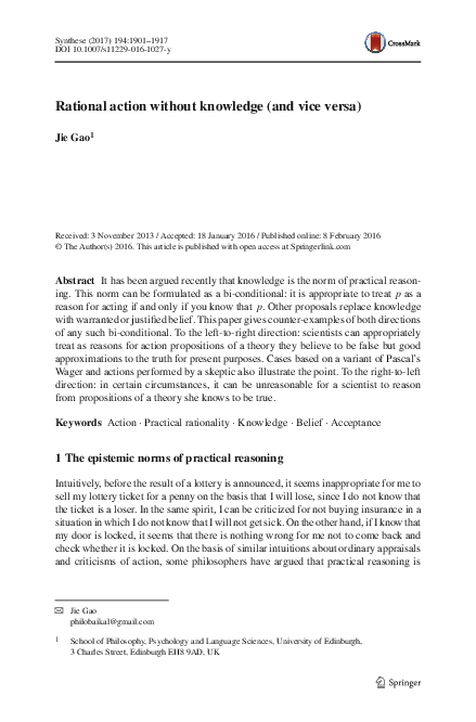 (PDF) Rational action without knowledge (and vice versa)