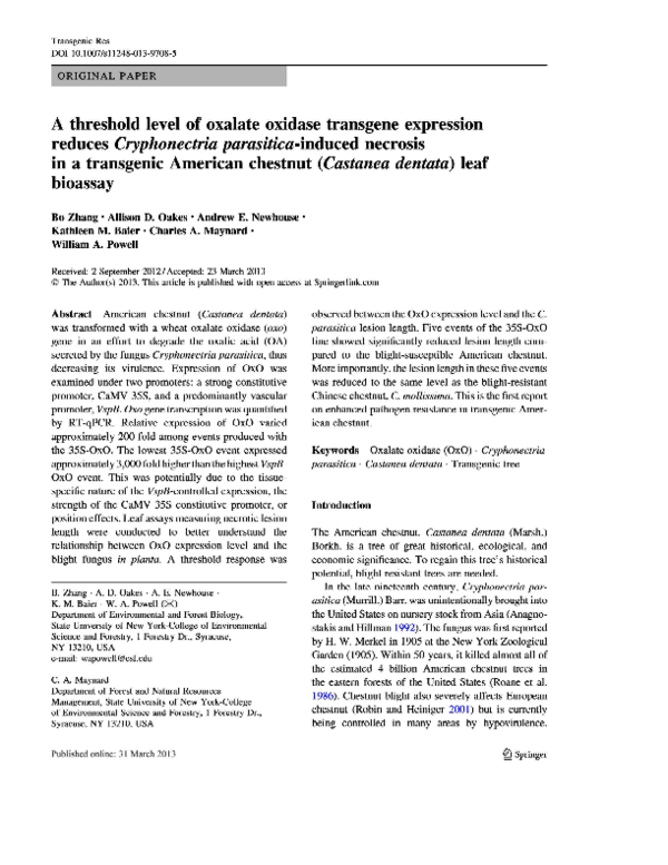 (PDF) A threshold level of oxalate oxidase tramgene expression reduces ...