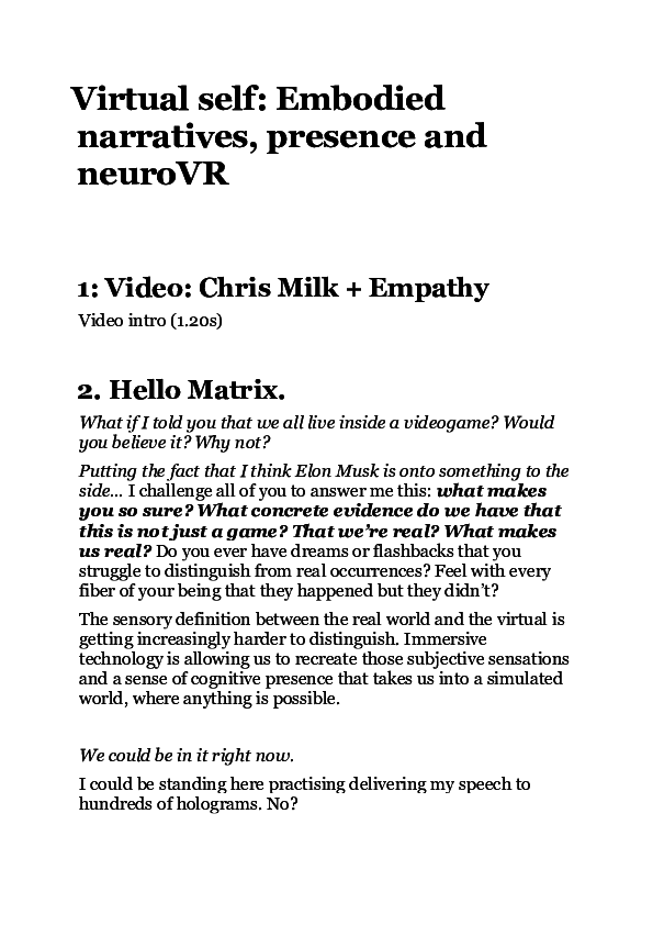 (DOC) Virtual self: Embodied narratives, presence and neuroVR 1: Video: Chris Milk + Empathy ...