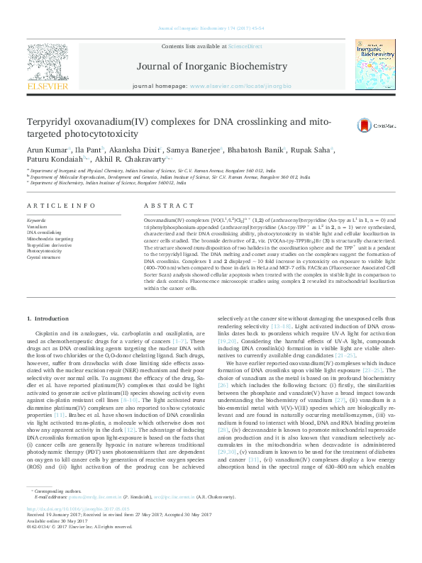 (PDF) Terpyridyl oxovanadium(IV) complexes for DNA crosslinking and mito- targeted photocytotoxicity