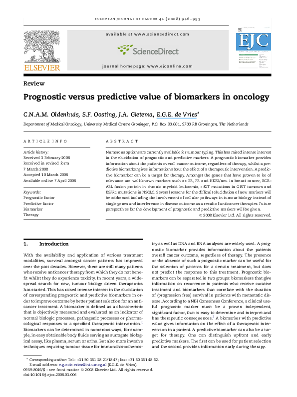 (PDF) Prognostic versus predictive value of biomarkers in oncology ...