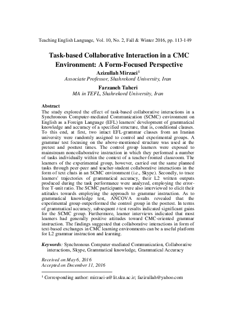 (PDF) Task-based Collaborative Interaction in a CMC Environment: A Form-Focused Perspective