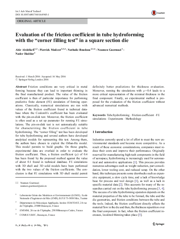 (PDF) Evaluation of the friction coefficient in tube hydroforming with ...