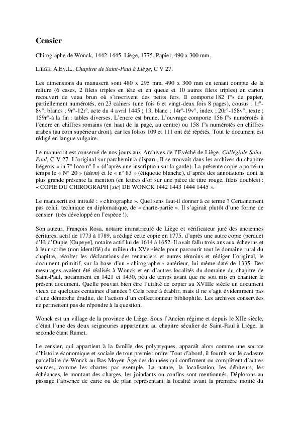 (PDF) Le censier dit "chirographe" de Wonck (1442-1445)