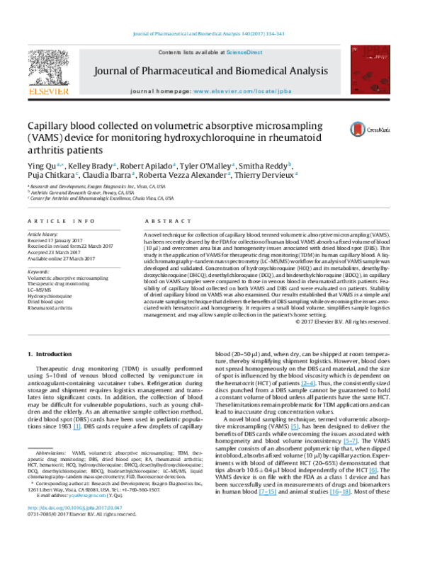 (PDF) Capillary blood collected on volumetric absorptive microsampling ...