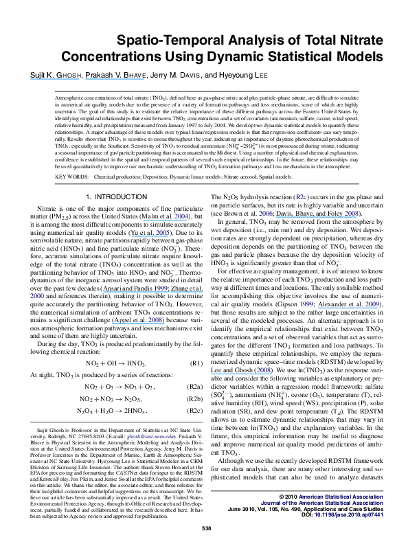 (PDF) Spatio-Temporal Analysis of Total Nitrate Concentrations Using Dynamic Statistical Models