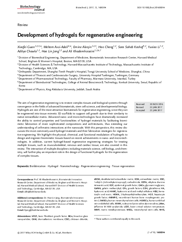 (PDF) Development of hydrogels for regenerative engineering