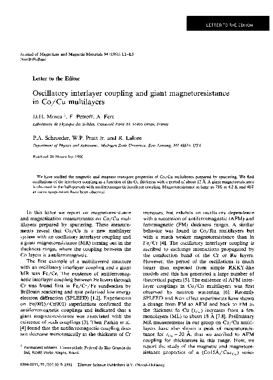 (PDF) Oscillatory interlayer coupling and giant magnetoresistance in Co/Cu multilayers