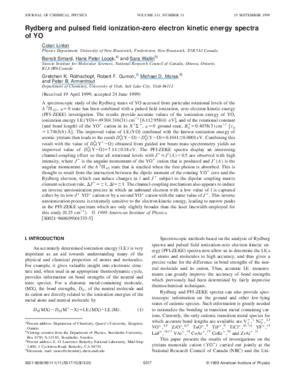 (PDF) Rydberg and pulsed field ionization-zero electron kinetic energy spectra of YO