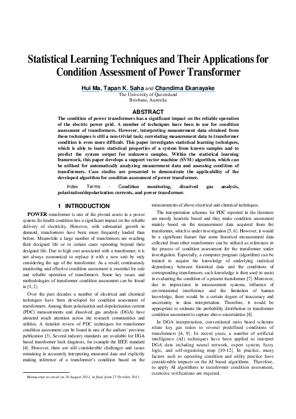 (PDF) Statistical learning techniques and their applications for condition assessment of power ...