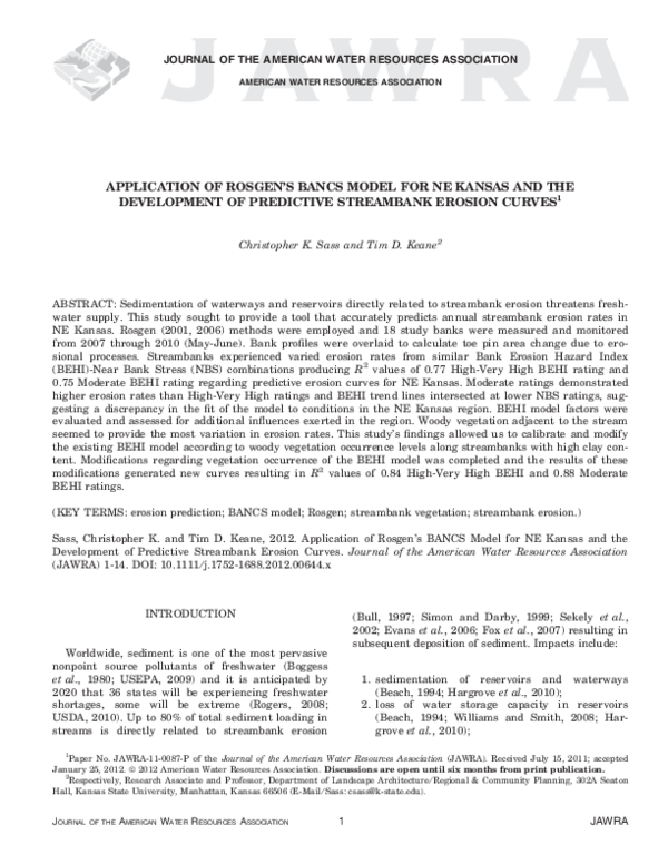 (PDF) Application of Rosgen’s BANCS Model for NE Kansas and the ...