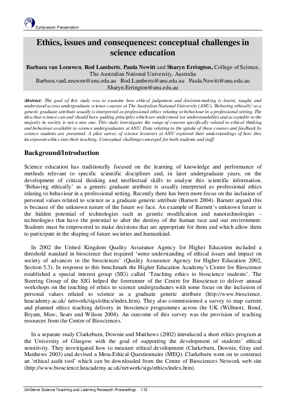 (PDF) Ethics, issues and consequences: conceptual challenges in science ...