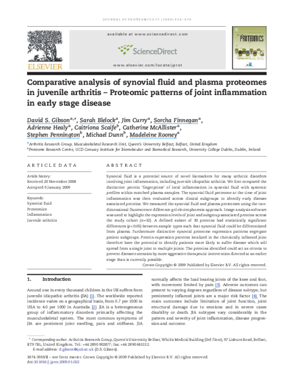 (PDF) Comparative analysis of synovial fluid and plasma proteomes in juvenile arthritis ...