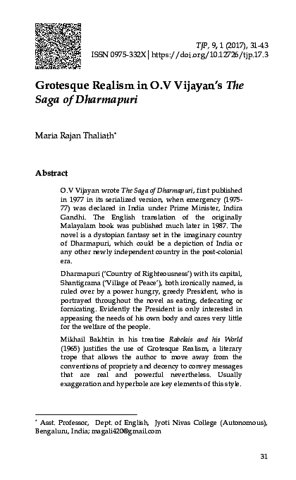 (PDF) Grotesque Realism in O.V Vijayan's The Saga of Dharmapuri