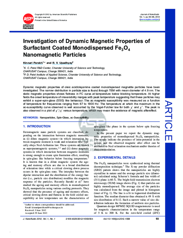 (PDF) Investigation of Dynamic Magnetic Properties of Surfactant Coated ...