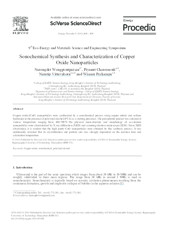 (PDF) Sonochemical Synthesis and Characterization of Copper Oxide ...