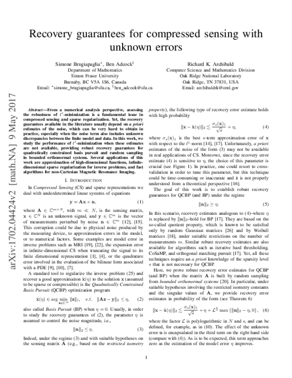 Pdf Recovery Guarantees For Compressed Sensing With Unknown Errors 7009