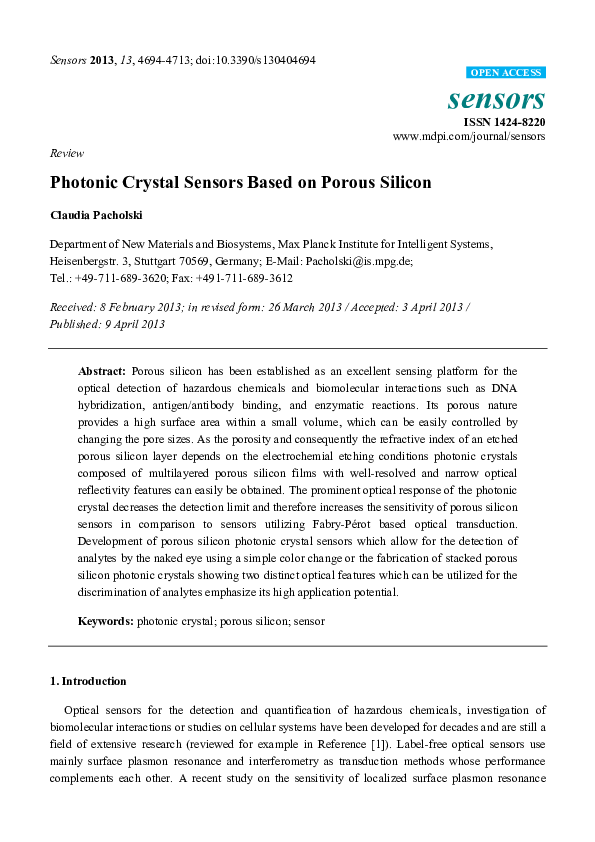 (PDF) Photonic Crystal Sensors Based on Porous Silicon