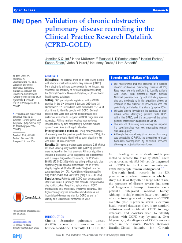 (PDF) Validation of chronic obstructive pulmonary disease recording in ...
