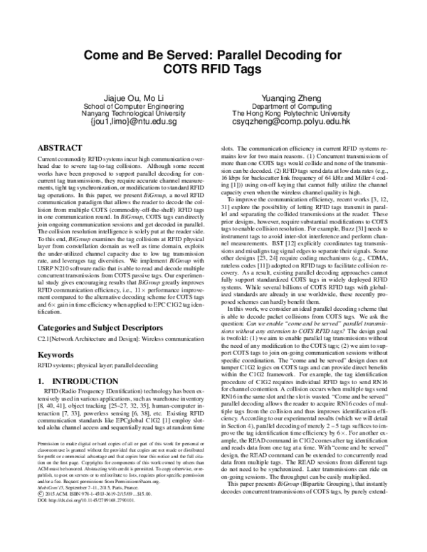 (PDF) Come and Be Served: Parallel Decoding for COTS RFID Tags