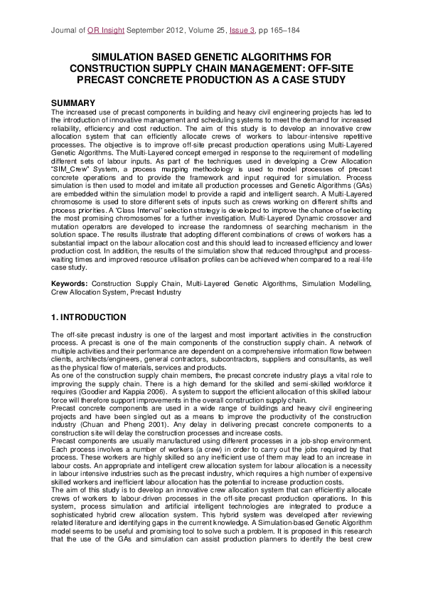 (PDF) SIMULATION BASED GENETIC ALGORITHMS FOR CONSTRUCTION SUPPLY CHAIN MANAGEMENT: OFF-SITE ...