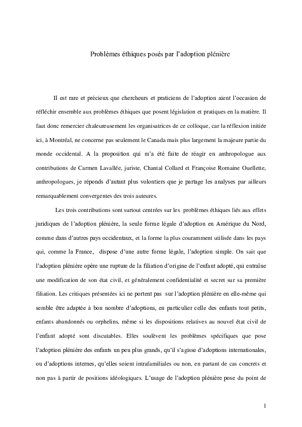 (PDF) 2005, « Problèmes éthiques posés par l’adoption plénière », in ...
