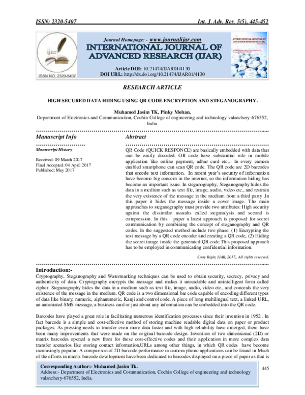 Pdf High Secured Data Hiding Using Qr Code Encryption And Steganography
