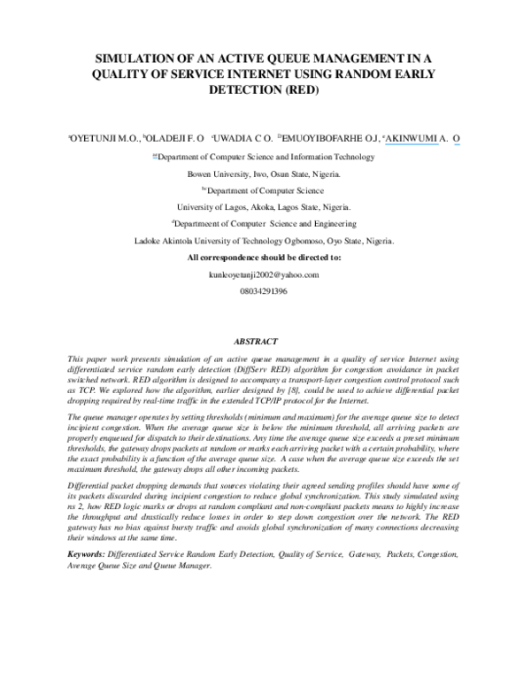 Pdf Simulation Of An Active Queue Management In A Quality Of Service Internet Using Random