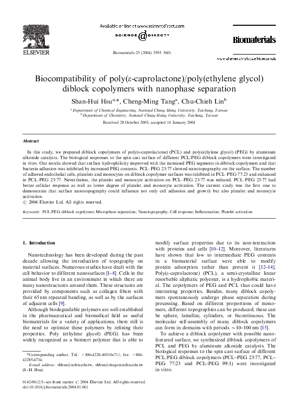 (PDF) Biocompatibility of poly($epsiv;-caprolactone)/poly(ethylene glycol) diblock copolymers ...