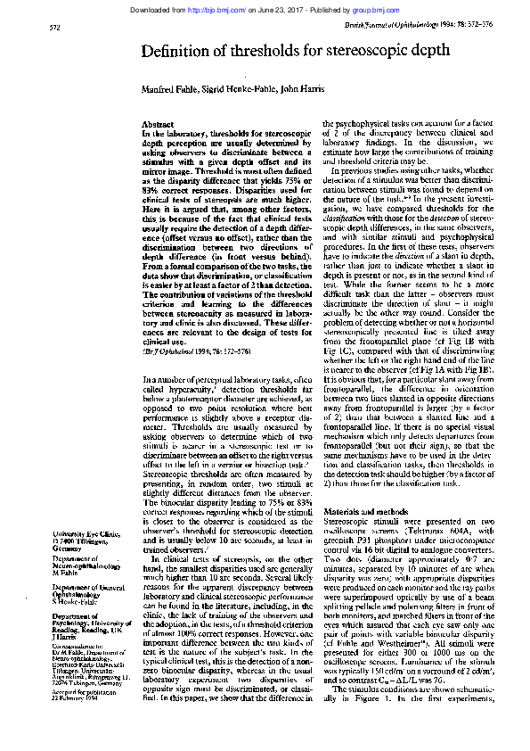 (PDF) Stereoscopic Depth Perception Thresholds