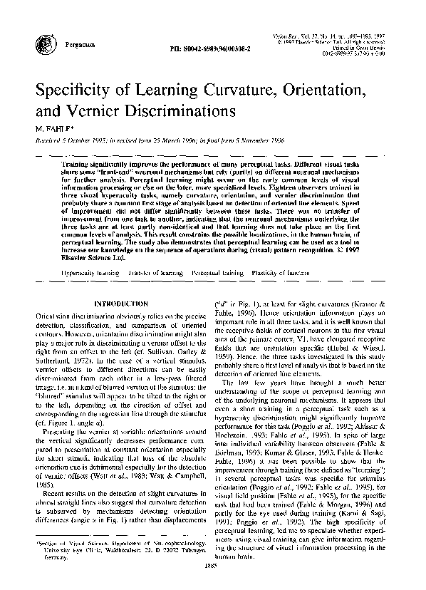 (PDF) Specificity of learning curvature, orientation, and vernier ...