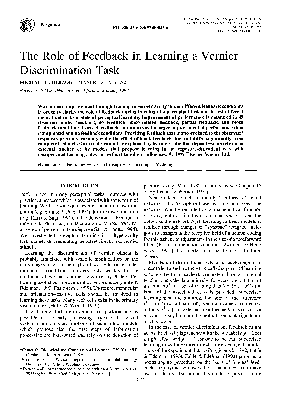 (PDF) The role of feedback in learning a vernier discrimination task