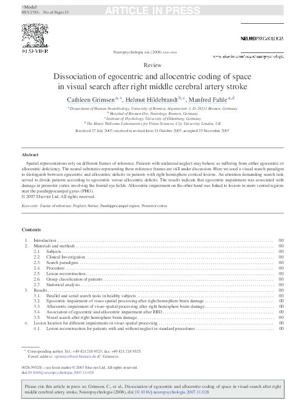 (PDF) Dissociation of egocentric and allocentric coding of space in visual search after right ...