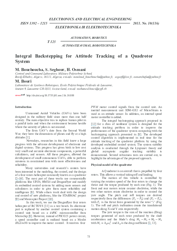 (PDF) Integral Backstepping for Attitude Tracking of a Quadrotor System | Mohamed Bouri ...