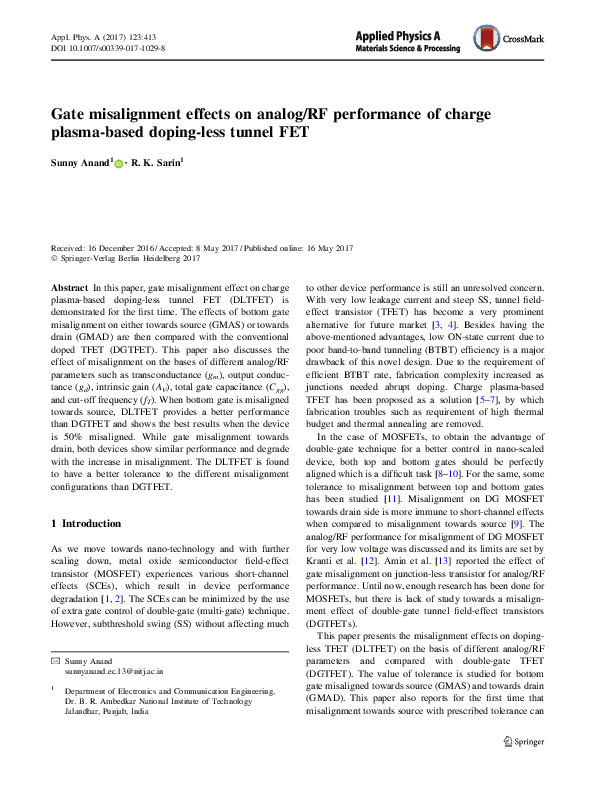 (PDF) Gate misalignment effects on analog/RF performance of charge plasma-based doping-less ...