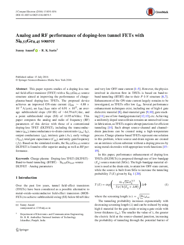 Pdf Analog And Rf Performance Of Doping Less Tunnel Fets With Si 0 55 Ge 0 45 Source