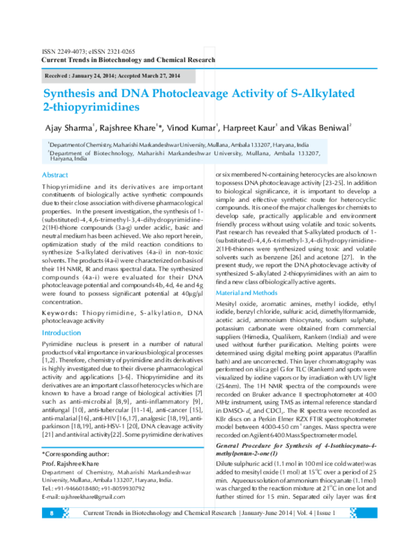 (PDF) Synthesis and DNA Photocleavage Activity of S-Alkylated 2-thiopyrimidines Current Trends ...