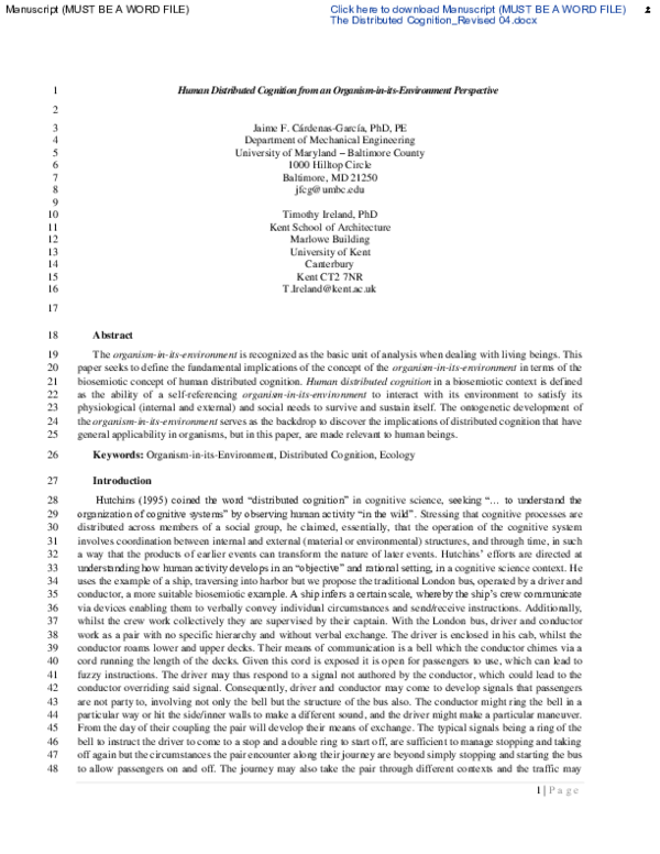 (PDF) Human Distributed Cognition from an Organism-in-its-Environment ...