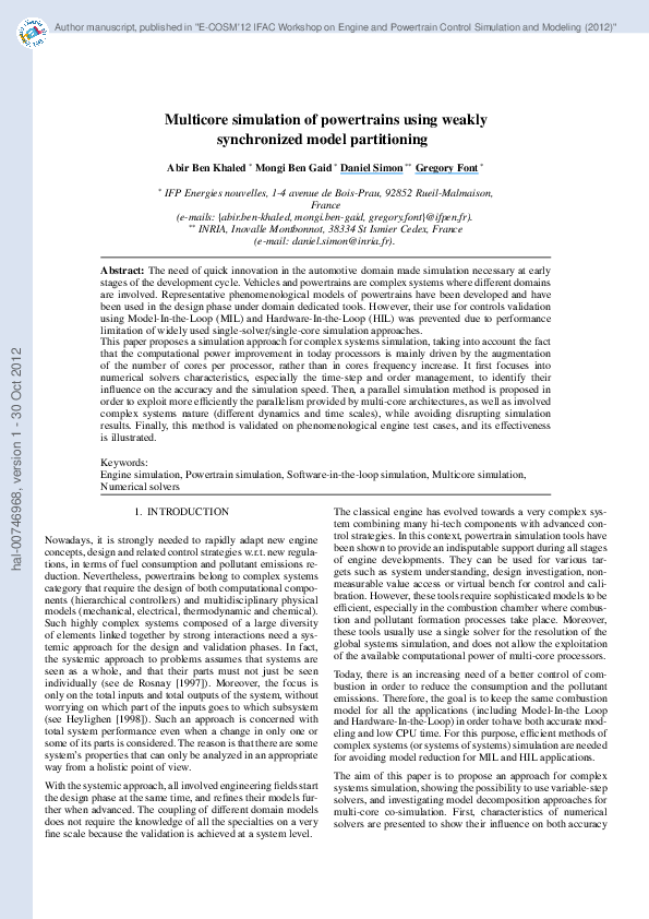 (PDF) Multicore Simulation of Powertrains Using Weakly Synchronized Model Partitioning