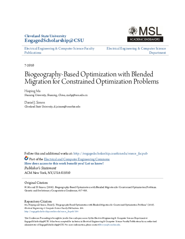 (PDF) Blended Migration in Biogeography-based Optimization for Constraints