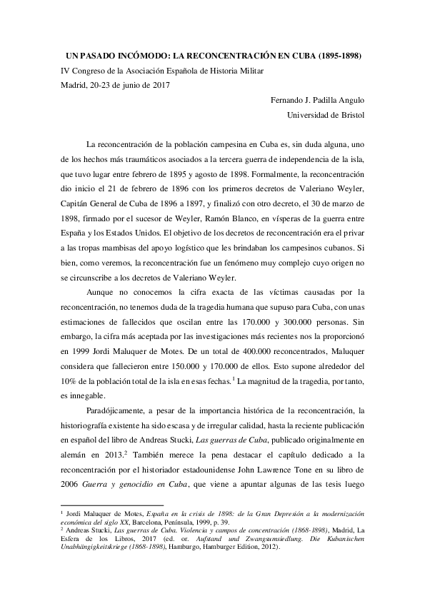 (PDF) "La reconcentración de Cuba. Un pasado incómodo (1895-1898)". IV ...