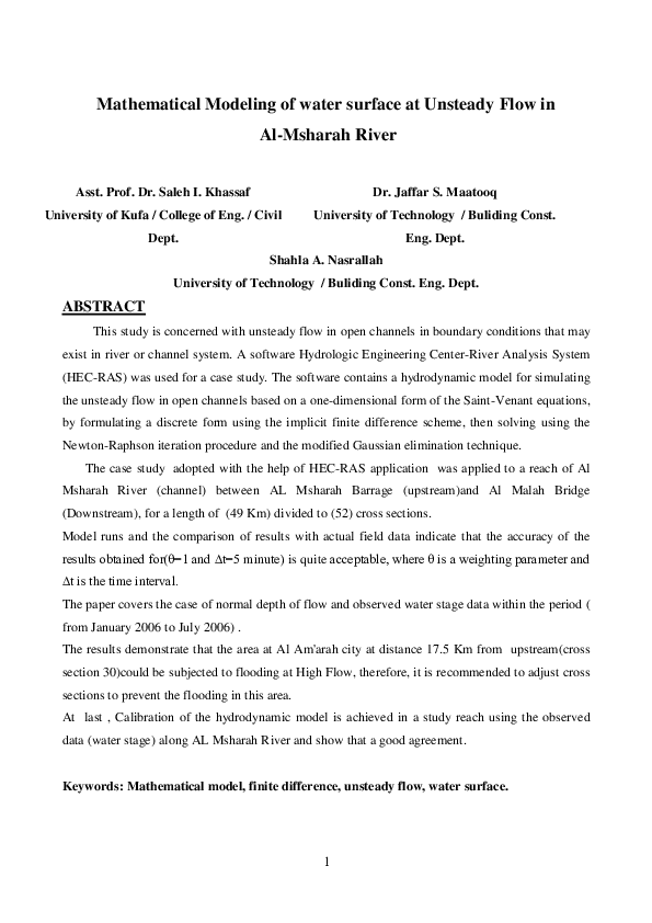 (PDF) Mathematical Modeling of water surface at Unsteady Flow in Al ...
