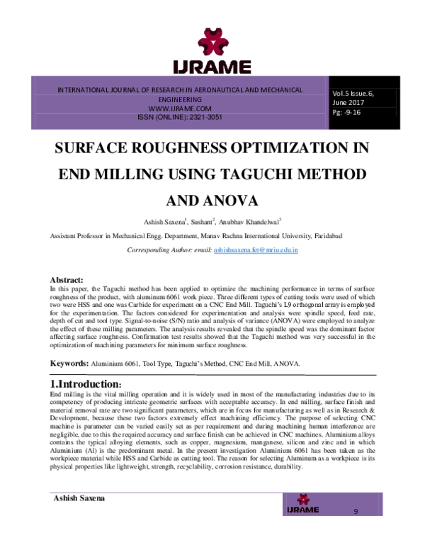 Pdf Surface Roughness Optimization In End Milling Using Taguchi